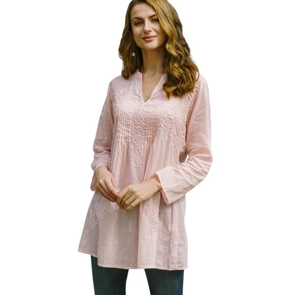 Novica | Tops | Novica Artisan Hand Embroidered Cotton Long Tunic Pink ...
